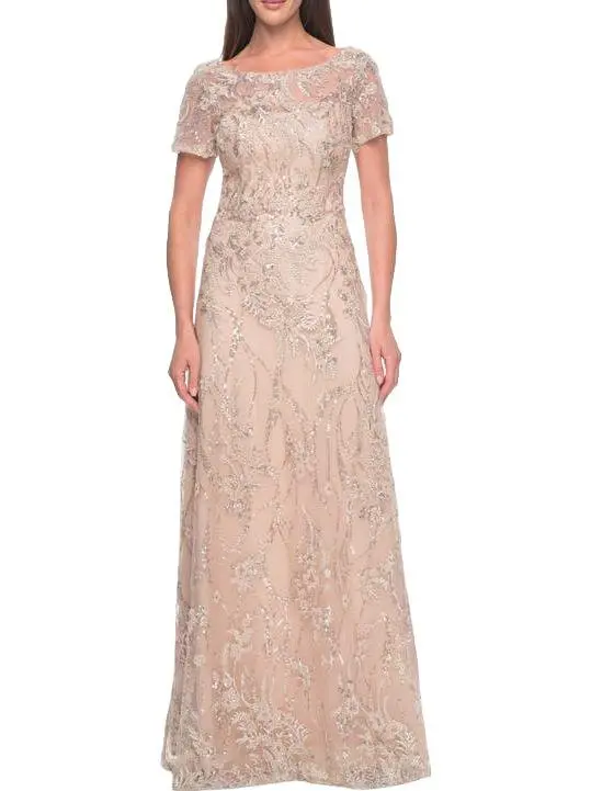 La Femme Beaded Gown With High Illusion Neckline - Blush