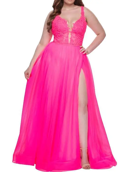 LABOMME Deep V-neck Tulle A-line Gown - Neon Pink