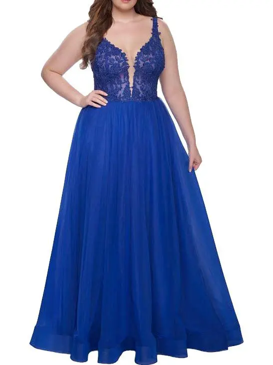 LABOMME Deep V-neck Tulle A-line Gown - Royal Blue