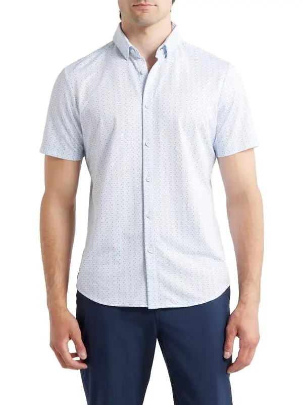 Mizzen+main Halyard Trim Fit Microprint Short Sleeve Button-up Shirt - Light Blue Trellus