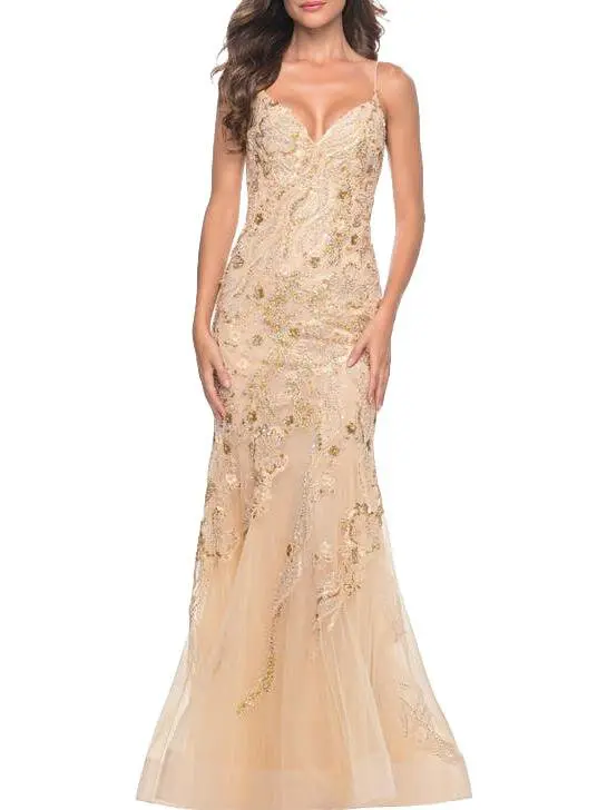 La Femme Mermaid Sequin And Beaded Embellished Gown - Champagne