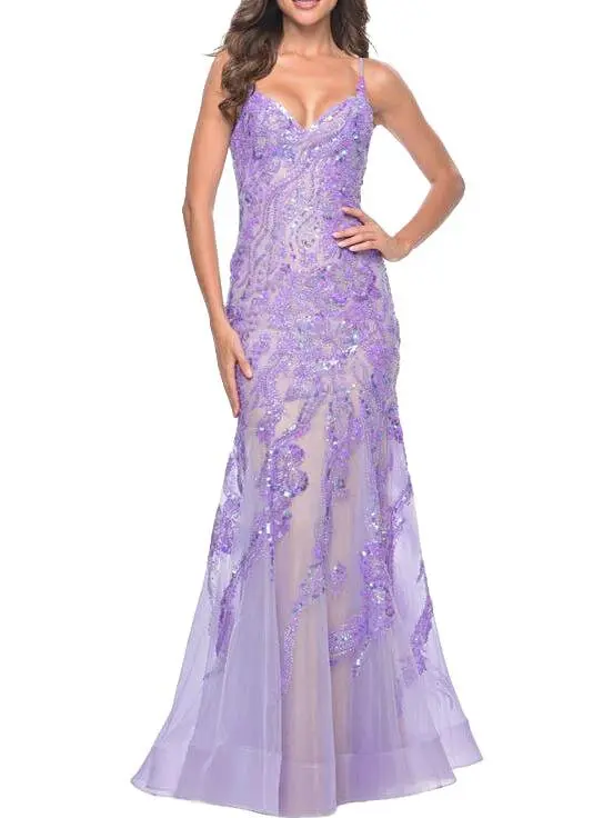 La Femme Mermaid Sequin And Beaded Embellished Gown - Lavender