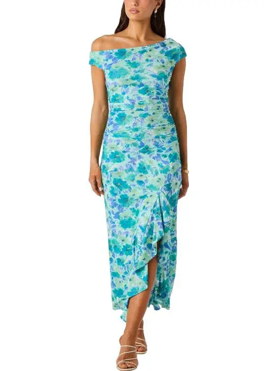 Astr The Label Ruched One-shoulder Maxi Dress - Blue Floral
