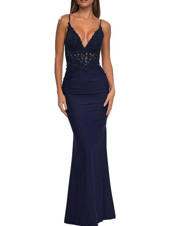 La Femme Illusion Lace V-neck Jersey Skirt Dress - Navy