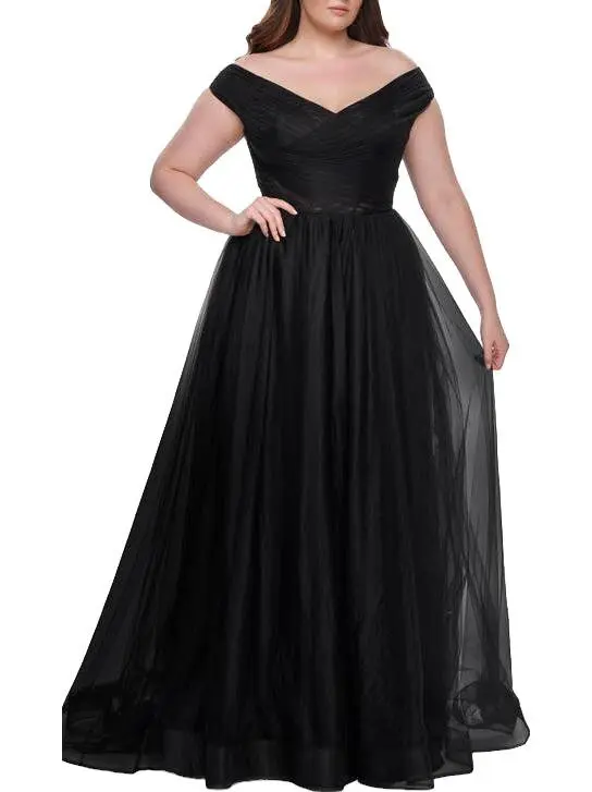 LABOMME A-line Tulle Off-the-shoulder Dress With Slit - Black