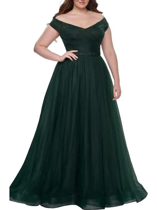 LABOMME A-line Tulle Off-the-shoulder Dress With Slit - Dark Emerald