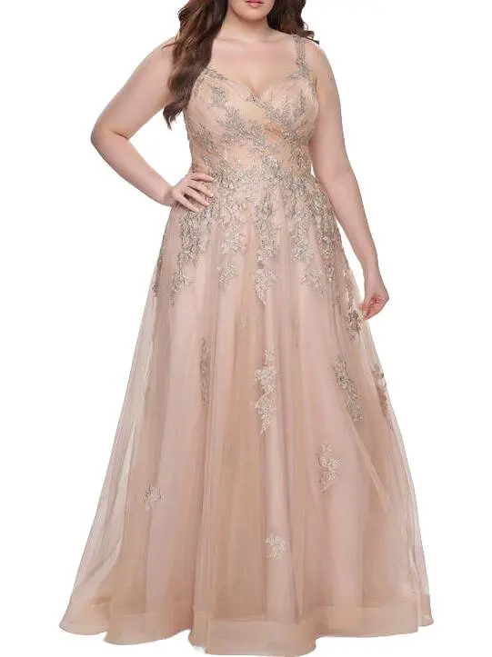 LABOMME Lace Embellished Tulle A-line Gown With Slit - Champagne