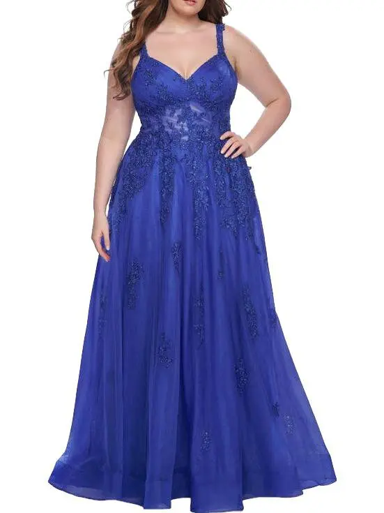 LABOMME Lace Embellished Tulle A-line Gown With Slit - Royal Blue