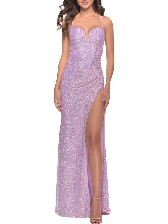 La Femme Sequin Prom Gown With Ruching And Tie Back - Light Periwinkle