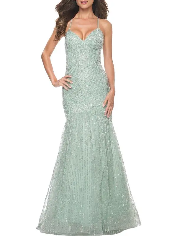 LABOMME Beaded And Rhinestone Mermaid Gown - Sage