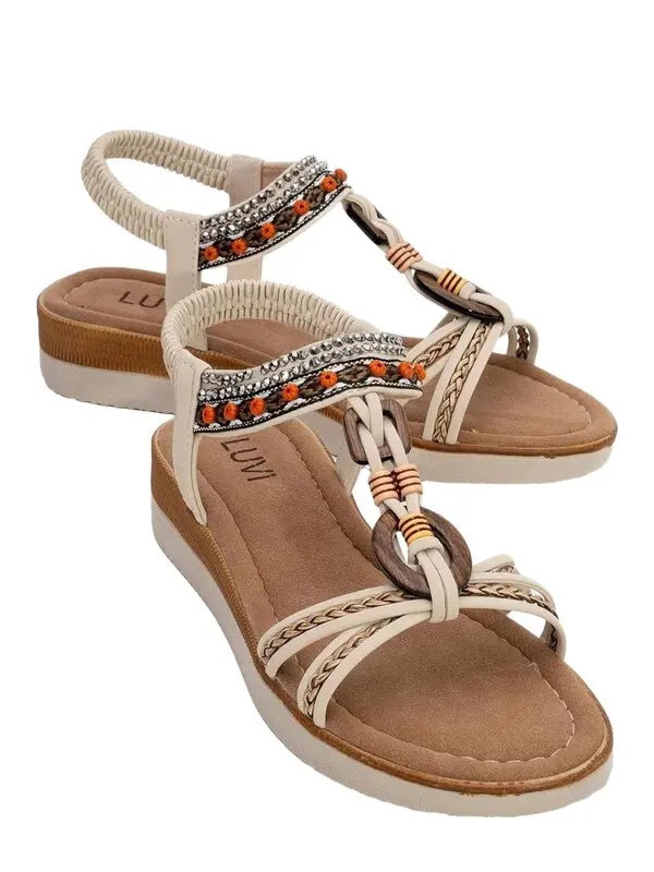 PROLOGUE SHOES Cher Braided Strap Sandal - Beige Faux Leather