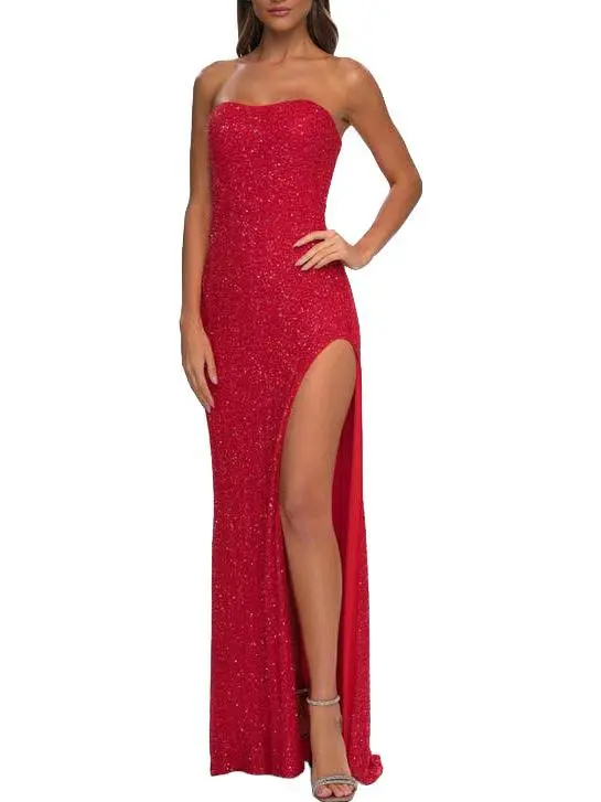 LABOMME Beaded Lace Strapless Dress - Hot Coral