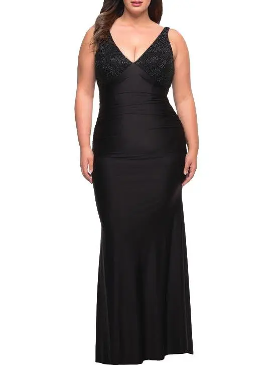 LABOMME Jersey Gown With Jeweled Bodice And V-neckline - Black