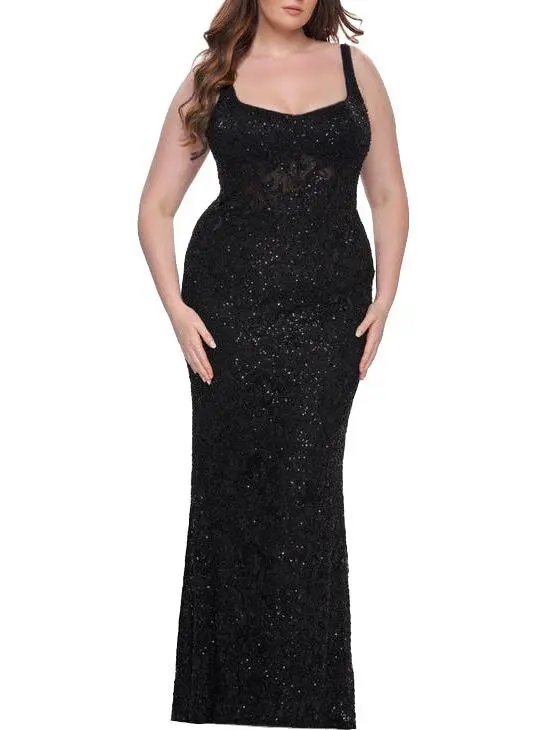 LABOMME Fitted Beaded Lace Prom Gown With Illusion Waist - Black