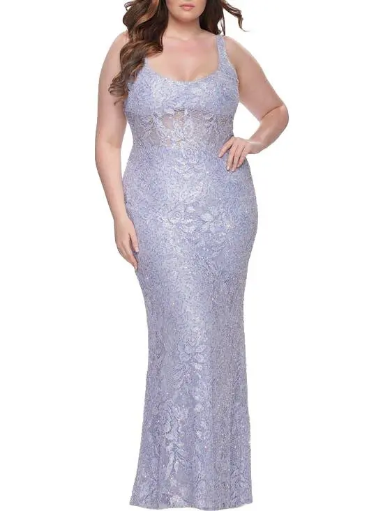 LABOMME Fitted Beaded Lace Prom Gown With Illusion Waist - Light Periwinkle