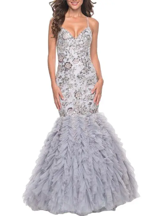 La Femme Mermaid Beaded Floral Gown - Silver