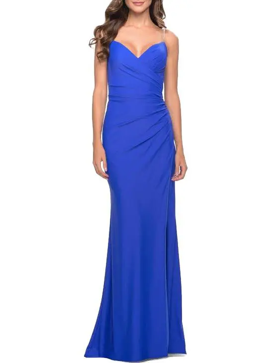 LABOMME Long Ruched Jersey Gown With V-neckline - Royal Blue