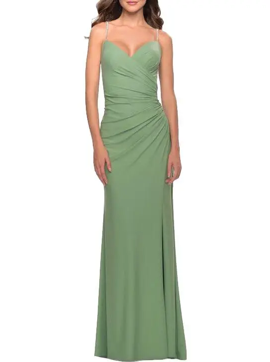 La Femme Long Ruched Jersey Gown With V-neckline - Sage