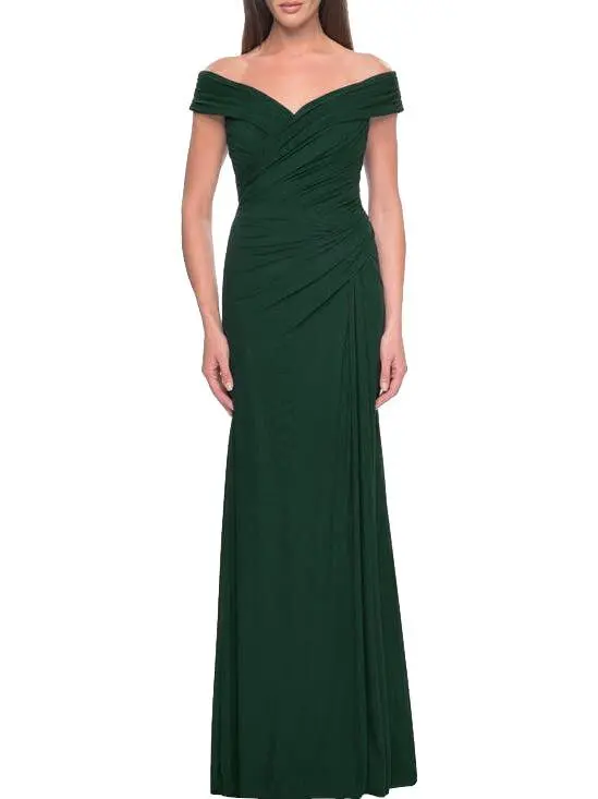 LABOMME Off-the-shoulder Jersey Evening Gown - Dark Emerald