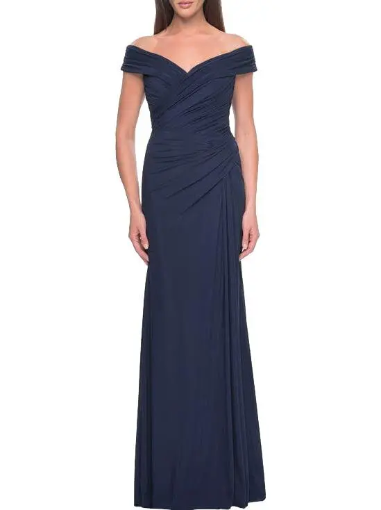 LABOMME Off-the-shoulder Jersey Evening Gown - Navy