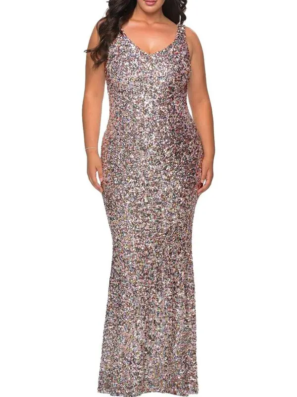 La Femme Floor Length Sequin Gown - Silver