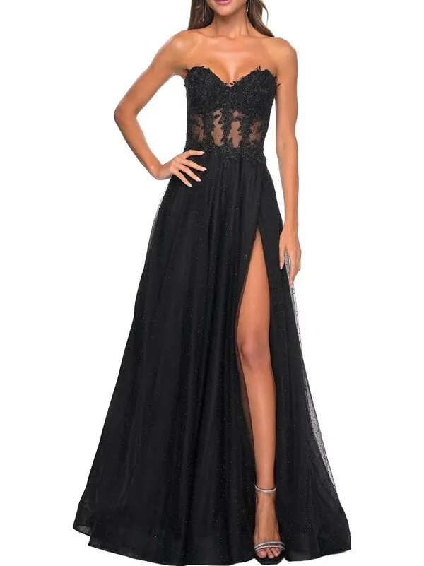 La Femme Strapless Sweetheart Tulle Ballgown With Lace Illusion Bodice - Black