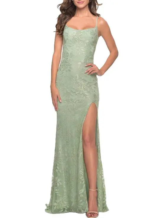 La Femme Stretch Lace Column Gown With Slit - Sage
