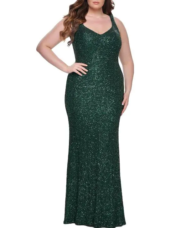 La Femme Fitted Stretch Sequin V-neck Dress - Emerald