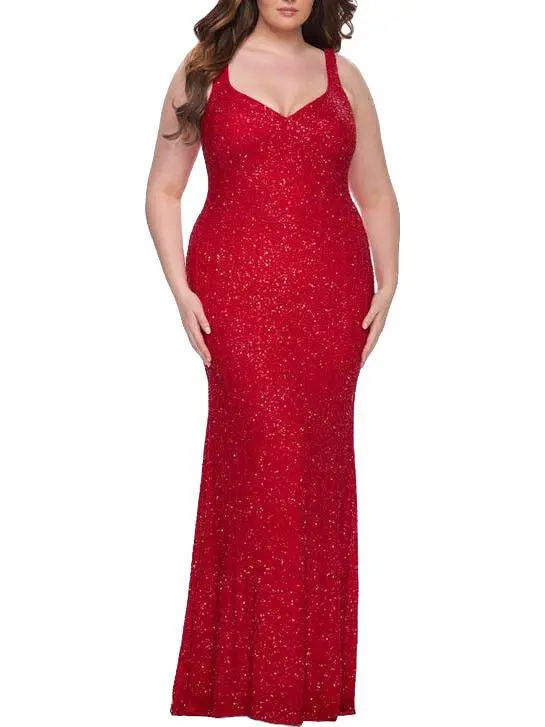 La Femme Fitted Stretch Sequin V-neck Dress - Red