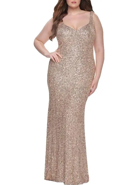 LABOMME Fitted Stretch Sequin V-neck Dress - Rose Gold