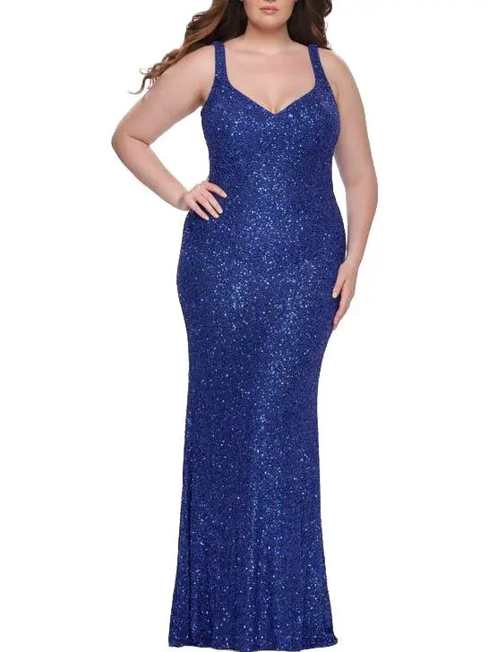 LABOMME Fitted Stretch Sequin V-neck Dress - Royal Blue