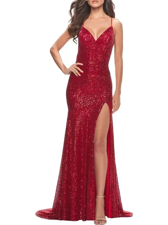 La Femme Sequin Gown With Flare Skirt And Slit - Red