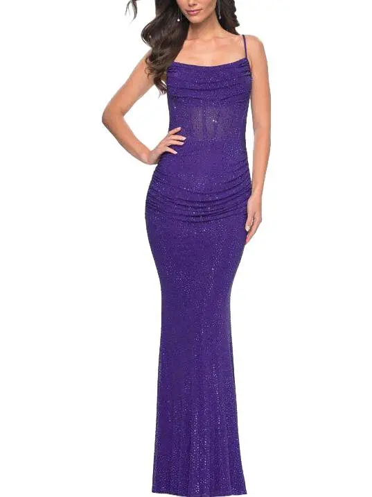 La Femme Rhinestone Embellished Net Jersey Gown - Indigo
