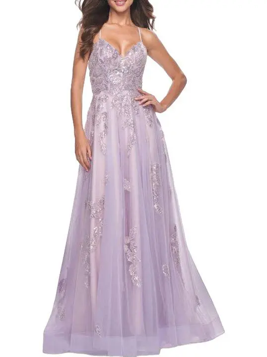 LABOMME Two Tone Tulle A-line Gown With Beaded Floral Applique - Lavender