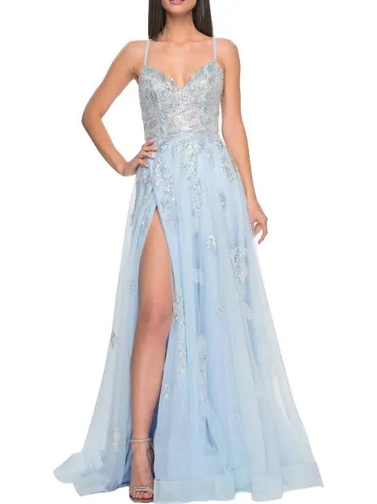 La Femme Two Tone Tulle A-line Gown With Beaded Floral Applique - Light Blue