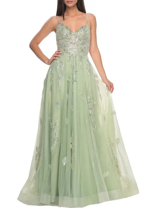 LABOMME Two Tone Tulle A-line Gown With Beaded Floral Applique - Sage