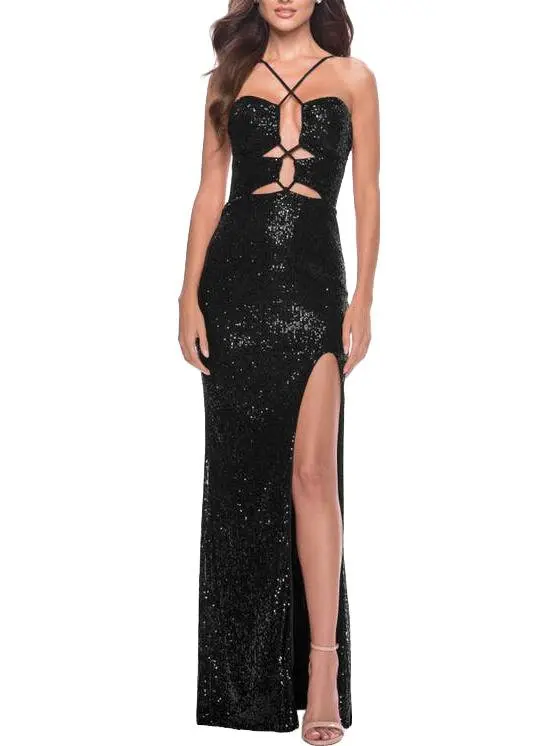 La Femme Stretch Sequin Column Gown - Black