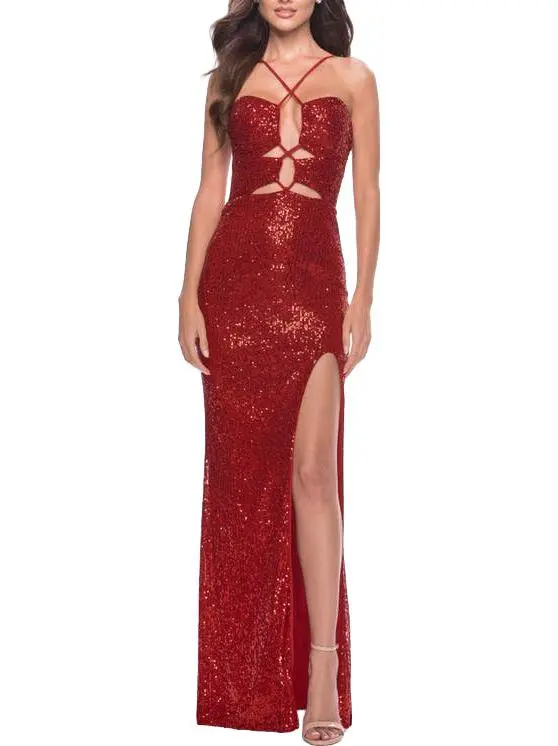 La Femme Stretch Sequin Column Gown - Red
