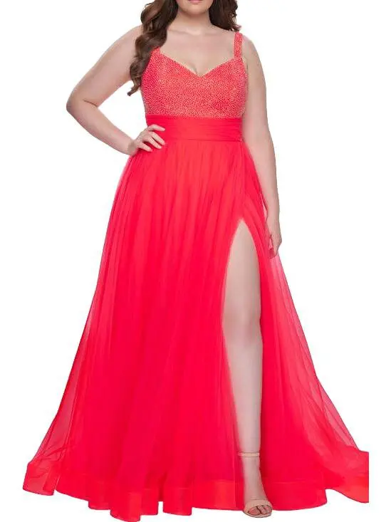 LABOMME A-line Tulle Prom Dress With Rhinestone Bodice - Hot Coral