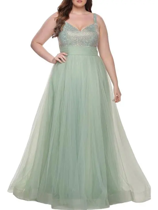 LABOMME A-line Tulle Prom Dress With Rhinestone Bodice - Sage