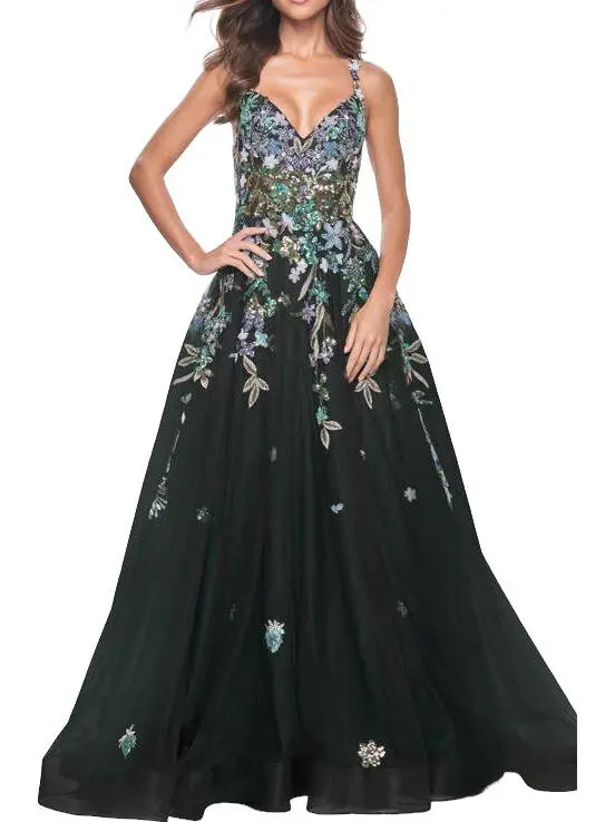 LABOMME Sequin Floral Lace Applique A-line Tulle Gown - Black