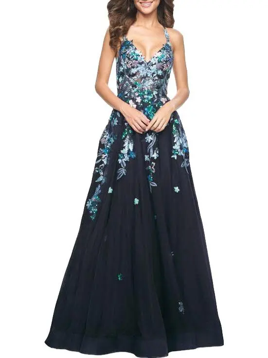 LABOMME Sequin Floral Lace Applique A-line Tulle Gown - Navy