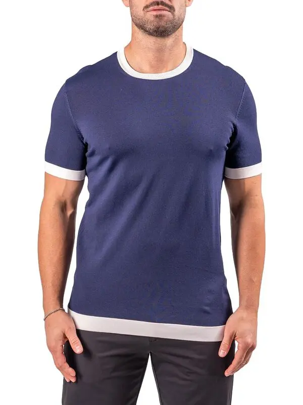 MACEOO Short Sleeve Ringer Sweater - Blue