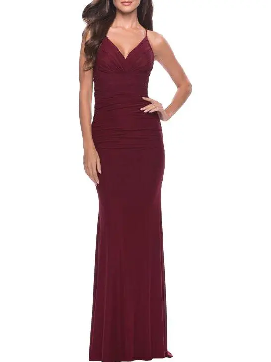 LABOMME Long Net Jersey Dress With Illusion Waist - Dark Berry