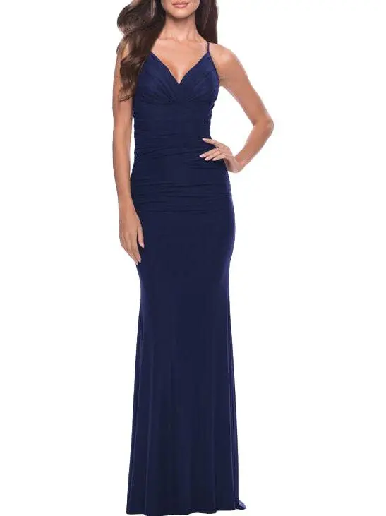 La Femme Long Net Jersey Dress With Illusion Waist - Navy