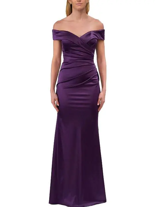 LABOMME Off-the-shoulder Stretch Satin Evening Gown - Eggplant
