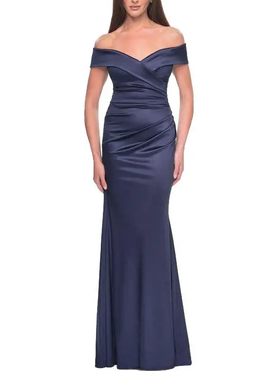 La Femme Off-the-shoulder Stretch Satin Evening Gown - Navy