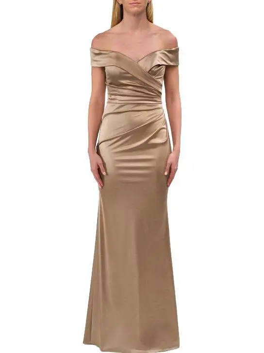 LABOMME Off-the-shoulder Stretch Satin Evening Gown - Pewter