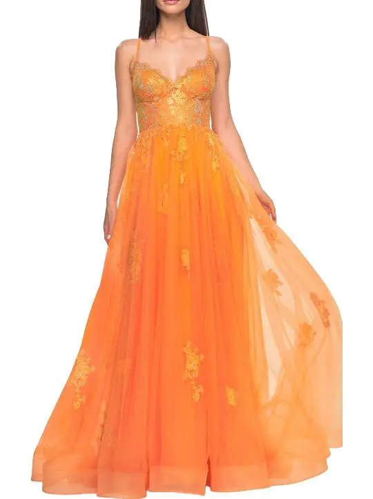 LABOMME A-line Tulle Gown With Lace Applique - Orange