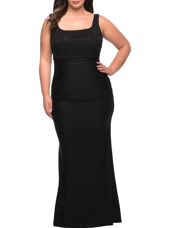 LABOMME Long Lace And Jersey Gown - Black